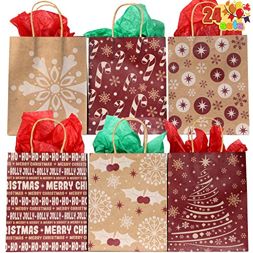 JOYIN 24 Christmas Holiday Kraft Paper Goody Gift Bags 9x7.25x3.5 with Handles for Xmas Gift-giving, Classrooms Party Favors Wrapping Goodie Bag