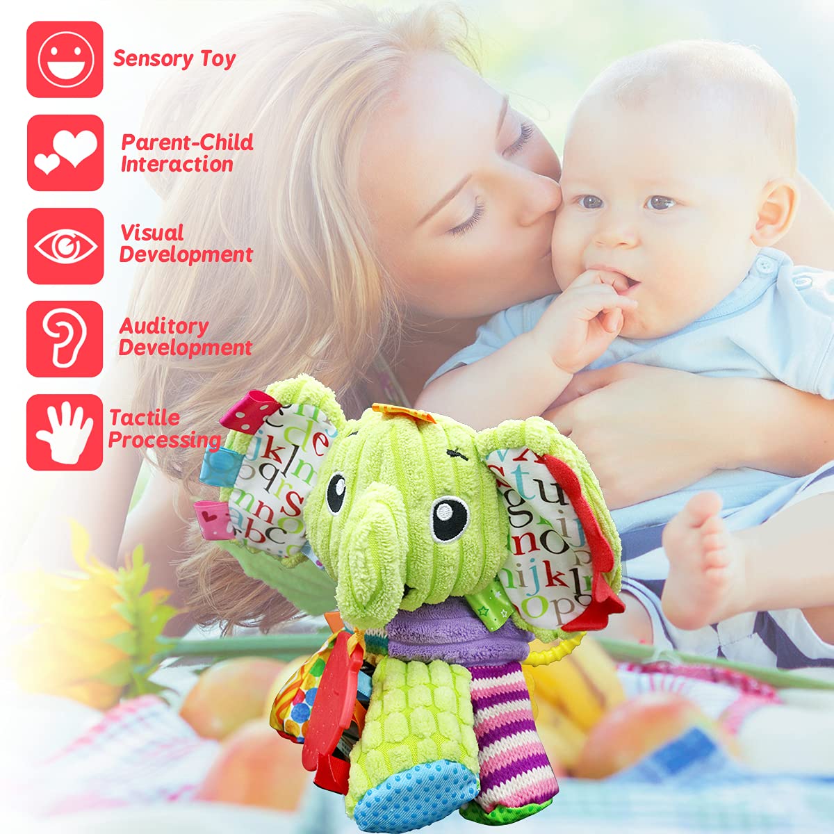 Car Seat Toys Baby Toy Infant Toy with Musical Box Stroller Toys Crib Toy Development Toy with Rattles Crinkle Teether Magic Mirror, Stroller Clip-On Carseat Cot Crib Bed Hanging Toy - Elephant