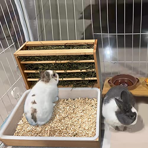 2 in 1 Large Hay Feeder with Litter Box, Safe Wooden Bunny Feeder Manger, Hay Holder Rack Toilet for Rabbit Guinea Pig Hamster Small Animals Reduces Waste