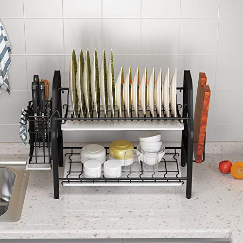1Easylife Dish Drying Rack, 2 Tier Dish Rack Stainless Steel with Utensil Knife Holder and Cutting Board Holder Dish Drainer with Removable Drain Board for Kitchen Counter Organizer Storage