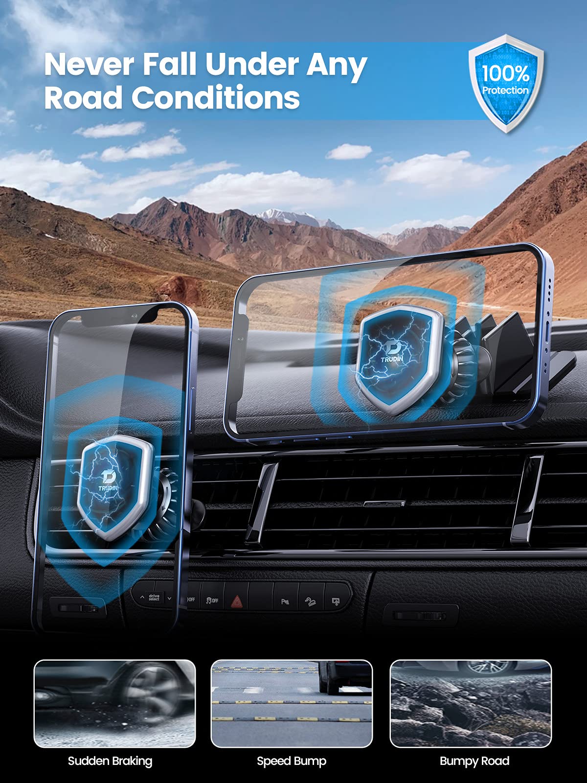TRUDIN Magnetic Phone Holder for Car 2022 Upgraded,【Ultra Sturdy Vent Hook】 Hands-Free Car Phone Holder Mount【Sharp Turns & Bumpy Roads Friendly】 Compatible with iPhone, Samsung, All Smartphones