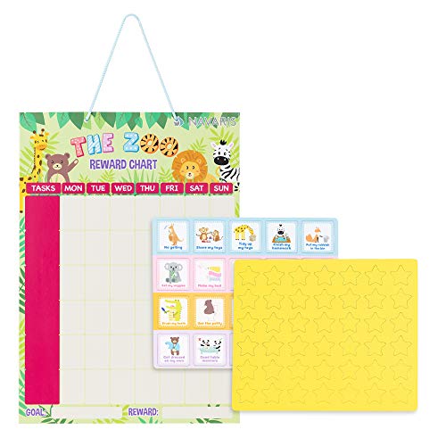 Navaris Kids Magnetic Reward Chart - Behavior Rewards Weekly Bedtime Chore Home Planner for Children - with Stars, Activity Magnets, Pen - Zoo Design