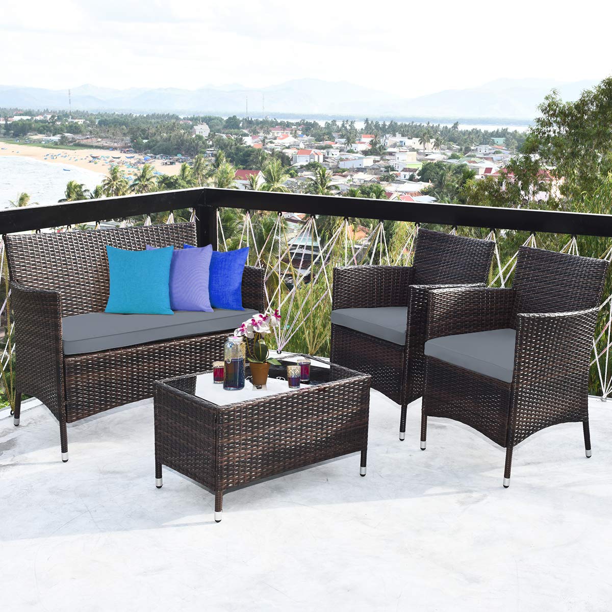 RELAX4LIFE 4-Piece Patio Furniture Set - Wicker Rattan Chairs w/Tempered Glass Coffee Table & Seat Cushions, Sofa Set for Garden Backyard Porch Balcony, Outdoor Conversation Set (Grey, 1)