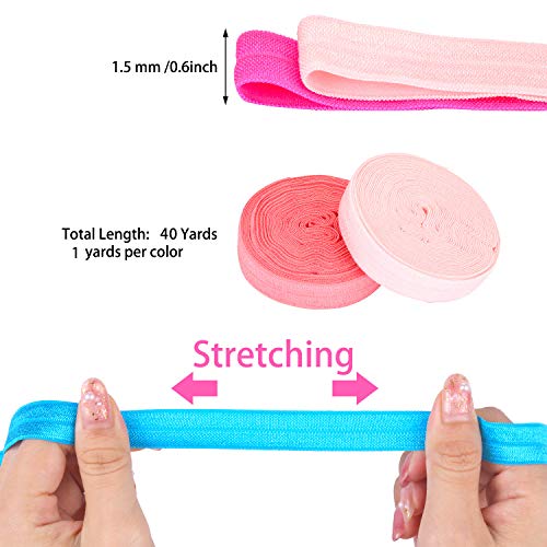 40 Yards Fold Over Elastic Solid Color Trim Elastic 40 Colors Ribbon Sewing Stretch Elastic Foldover Elastic Ribbon Band for Baby Girls Hair Bow DIY Craft Hair Ties Headbands