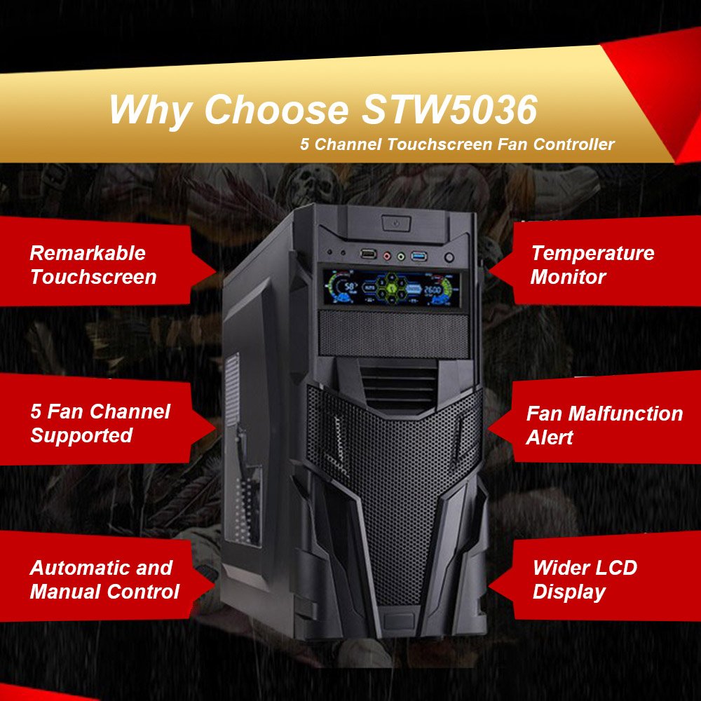 Wscoficey Fan Controller Temperature Monitor Automatic Speed Control LCD Front Panel STW 5.25" 5 Channel Touchscreen for Computer Cooling Fans