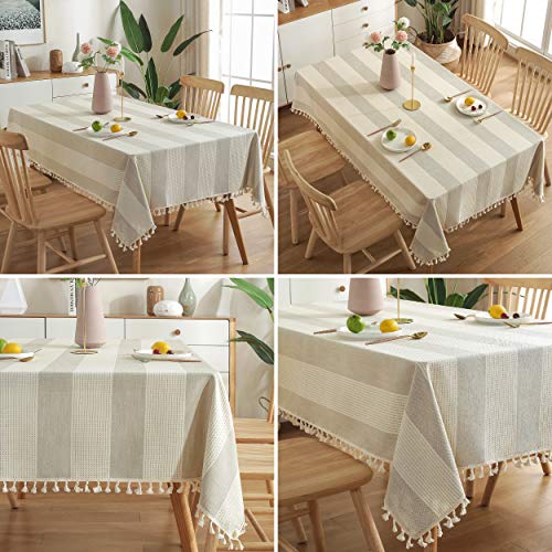 AmHoo Stitching Tassel Tablecloth Striped Table Cloth Rectangle Cotton Linen Dust-Proof Table Cover for Kitchen Dinning 54 x 70 Inch Beige