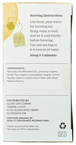 Allegro Tea, Organic Decaf Lemon Green Tea Bags, 20 ct