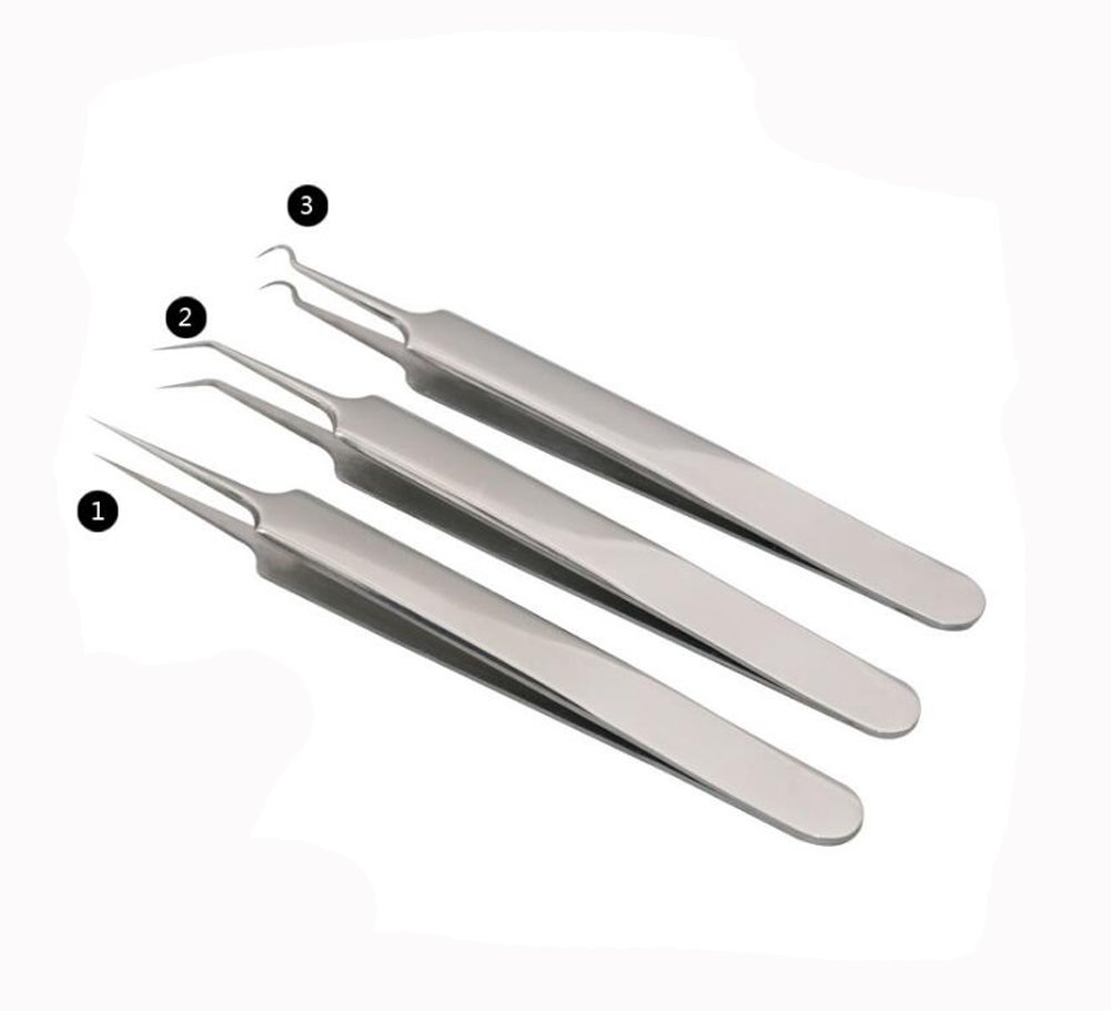 1Set(3PCS) Silver Professional Remove Blackheads Tweezers Set - Stainless Steel Straight/Slanted & Pointed Splinter/Bend Curved Blemish Extractor Tool for Acne Zit Cystic Blemish Whitehead Popping