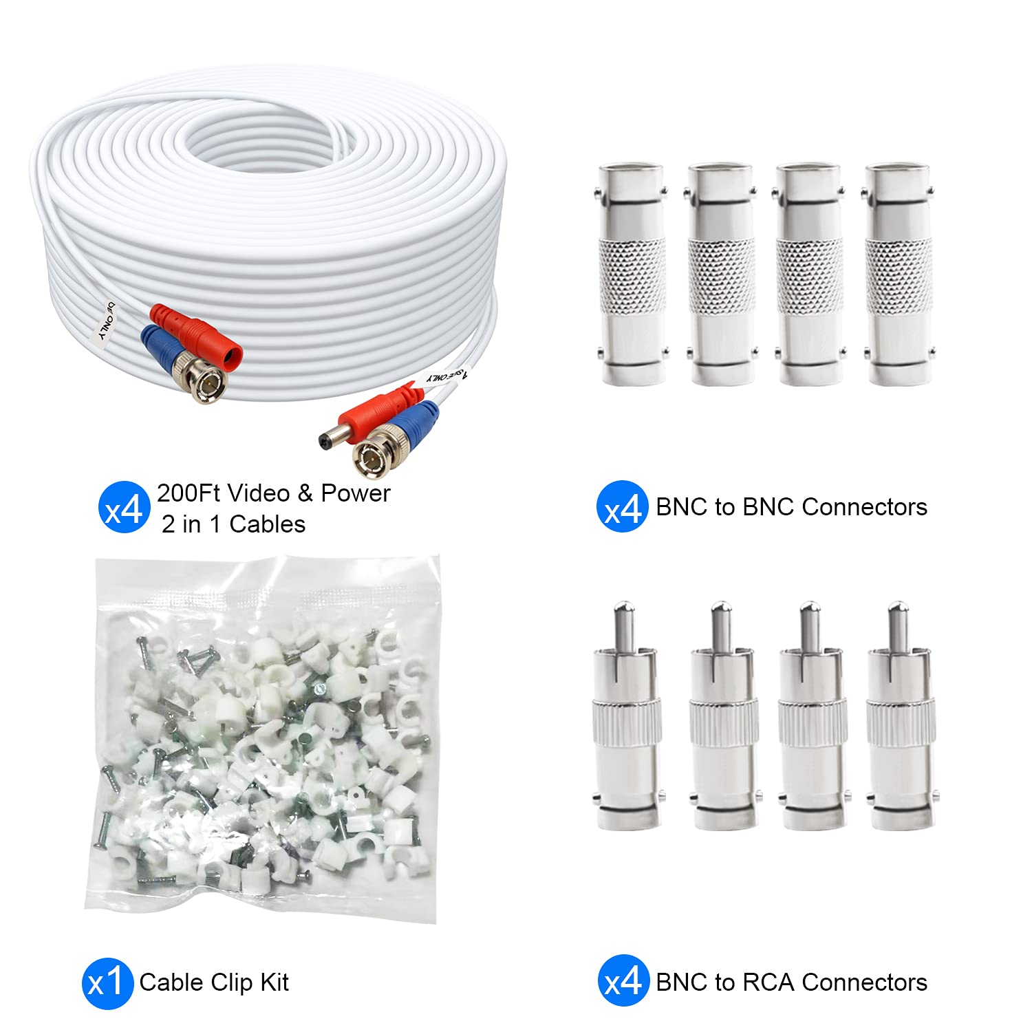 Aimyzii BNC Cable 200ft 4 Pack BNC Video Power Cable,Security Camera Cable for CCTV Camera DVR Security Systems(Included 8X BNC Adapters,100 Pcs Cable Clips)-White