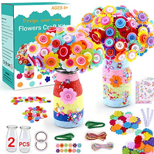 HULASO Crafts for Girls Ages 4-12 Gift Make Your Own Flower Bouquet with Buttons Felt Flowers, Vase Art and Craft for Children - DIY Activity for Boys & Girls Age 6 7 8 9 10 11 12 Year Old