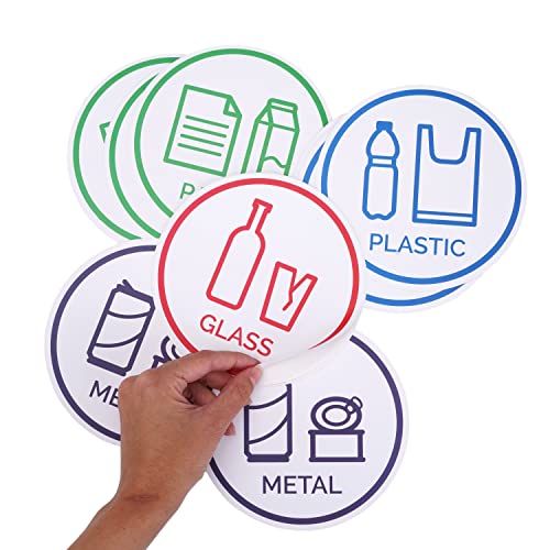 6 Pack Glass, Paper, Plastic, Metal, Trash, Recycle Sign Stickers - Self-Adhesive Vinyl Decal Recycle Logos - Eco-Friendly Trash Can Signs - 6" - Indoor & Outdoor Use - Waterproof & UV Protected