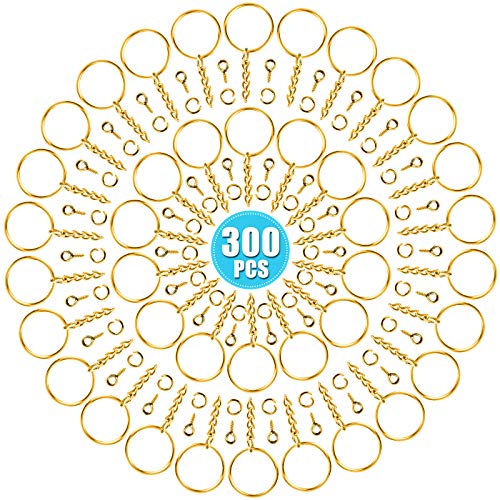 Keychain Rings for Crafts Gold, PAXCOO Key Chains Rings Kit Includes 100Pcs Split Key Ring with Chain, 100pcs Jump Rings and 100pcs Screw Eye Pins for Resin Keychain Making