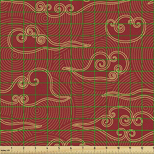 Ambesonne East Fabric by The Yard, Traditional Japanese Style Sky Scrolling Clouds Far Eastern Folk Motif Pattern, Decorative Fabric for Upholstery and Home Accents, 1 Yard, Vermilion Cream