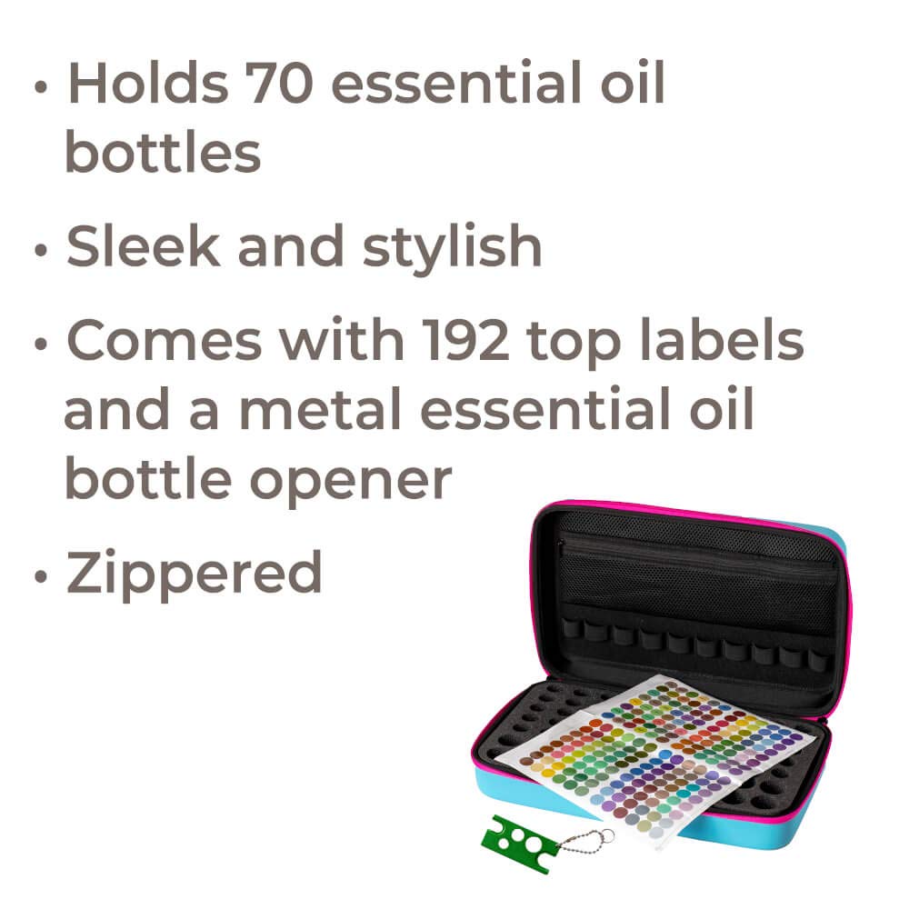 Plant Therapy Essential Oil Carrying Organize Storage Case for 70 bottles 5/10/15/30 mL with Top Labels and Bottle Opener, Light Blue