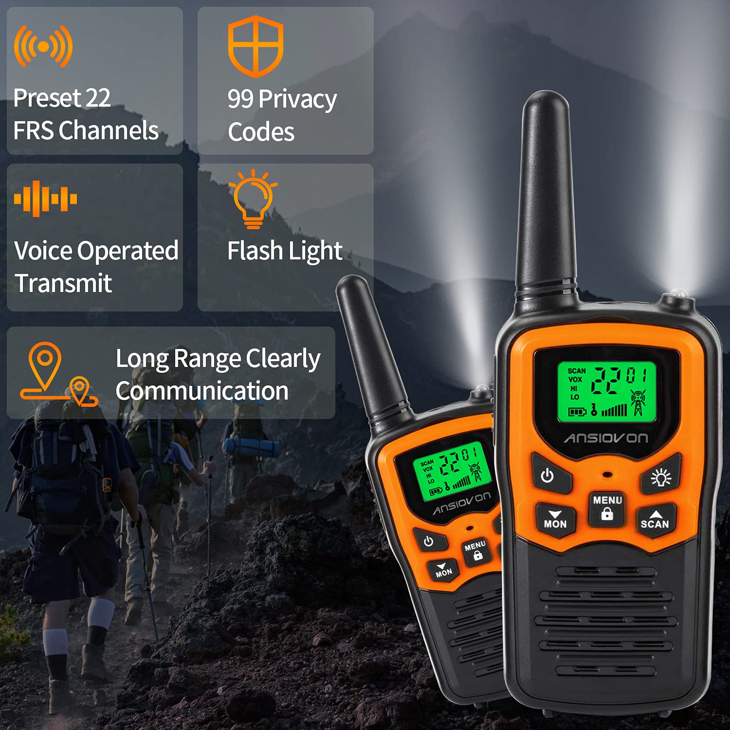 Walkie Talkies for Adults, ANSIOVON Long Range Walkie Talkies, Portable Radios Walky Talky with 22 Channels LCD Display, Handheld Walkie Talkie for Outdoor(4 Pack)