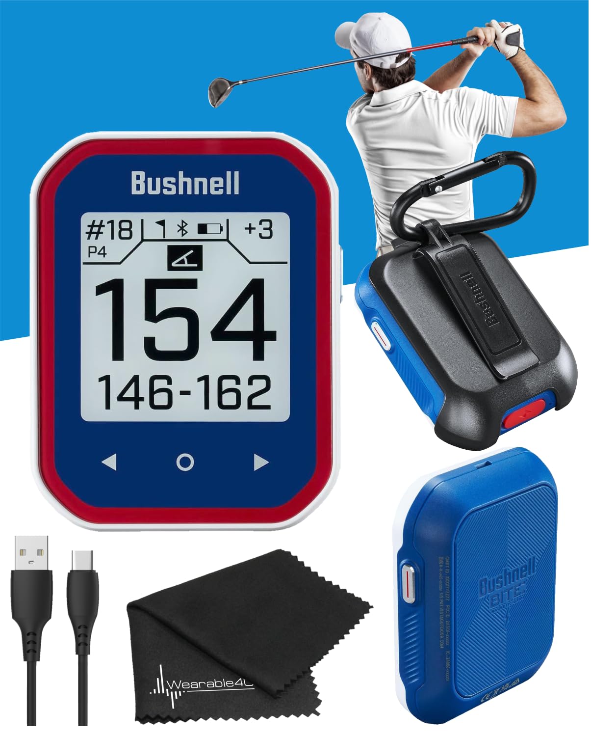 Bushnell Phantom 3 GPS Rangefinder Blue with BITE Magnetic Mount and GreenView with Wearable4U Lens Cleaning Cloth Bundle