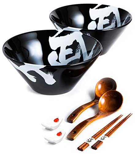 BICETTO Ceramic Japanese Ramen Bowl Set, 60oz Large Ramen Bowls with Chopsticks, Spoons and Chopstick Rests ā Bowl for Ramen, Pho, Salad, Poke, Soup, Udon ā Minimalist Design, Premium Quality, Black
