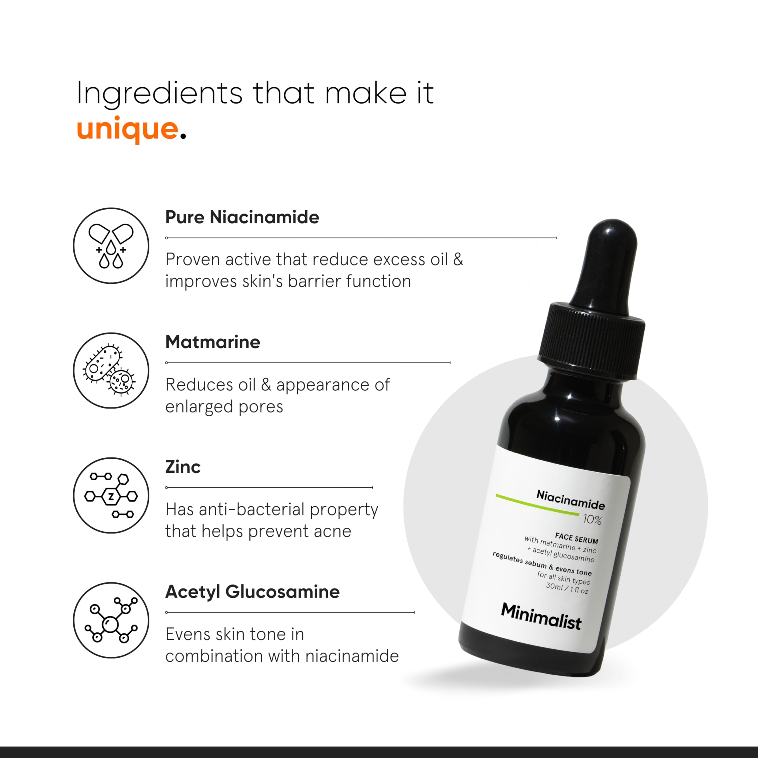 Minimalist 10% Niacinamide Face Serum for Acne Control & Oil Balancing with Zinc | Pore Minimizer for Face | Clears Acne Marks & Blemishes for Even Skin Tone | For Women & Men | 1 Fl Oz / 30 ml