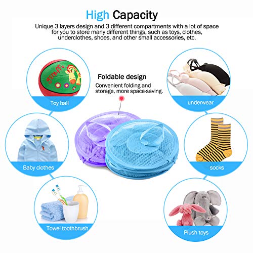 2 Pcs Hanging Mesh Storage Basket with 1 Stuffed Animals Toy Net Hammock, Hommtina Foldable Corner Organizer 3 Tier, Neatly Organize Kid’s Plush Toys and Save Space (Blue+Purple)