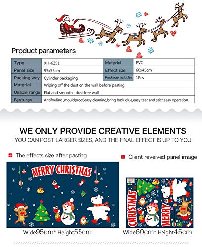 YULOONG Christmas Windows Static Stickers Colorful Clings Removable Vinyl Santa Claus Christmas Tree Snowman Snowflake Deer DIY Wall Window Door Mural Showcase Decal Sticker