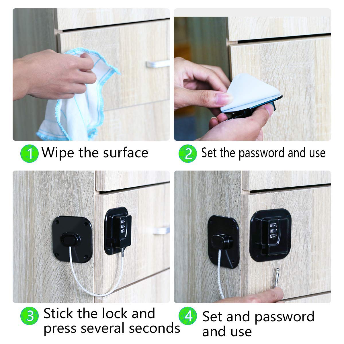 2 Pcs Multi-Function Locks with 3M Strong Adhesive - Refrigerator Door Locks, Mini Fridge Lock, File Cabinet Lock, Drawer Lock, Lock for Cabinet for Child Safety and Privacy (Black)
