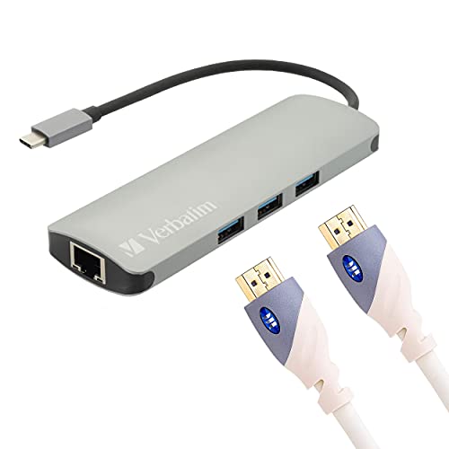 Verbatim 9-in-1 USB C Hub Adapter - 100W Power Delivery, USB 3.0, SD Card Readers, Gigabit LAN, 3.5mm Port for USB C Laptops + 6FT Monster 4K Ultra HDMI Cable