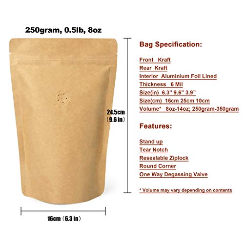 250g 8oz 1/2lb Kraft Paper Stand up Zipper Pouches Coffee Bags Coffee Pouches with Valve (Pack of 50)