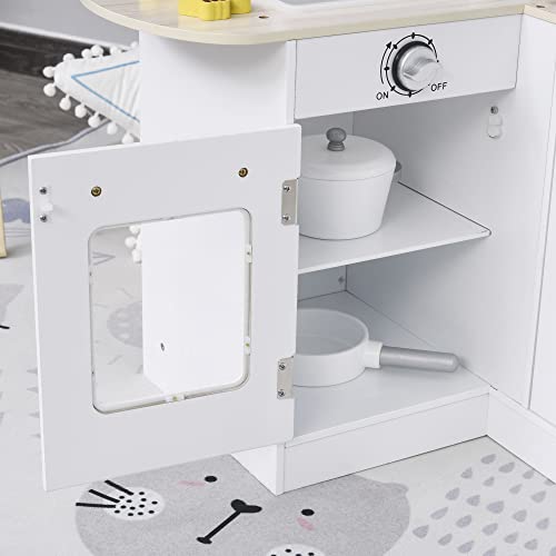 Qaba Kids Play Kitchen Set Pretend Wooden Cooking Toy Set with Drinking Fountain, Microwave, Fridge and Accessories for Age 3 Years, White