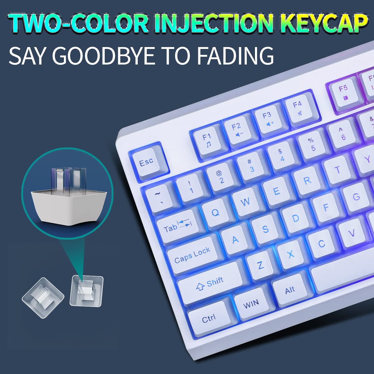 Wireless Gaming Keyboard and Mouse Combo, 104 Keys Standard US Layout RGB Backlit Rechargeable Mechanical Feel Waterproof Mute Mouse for Gamers(White)