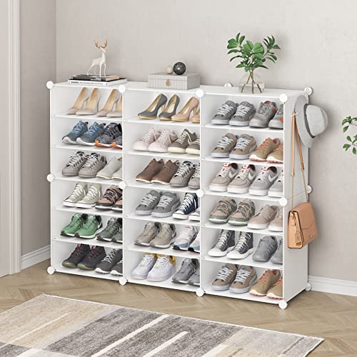 MAGINELS Portable Shoe Rack, 36-Pair DIY Shoe Storage Shelf Organizer, Plastic Shoe Organizer for Entryway, Shoe Cabinet with Transparent Doors, White