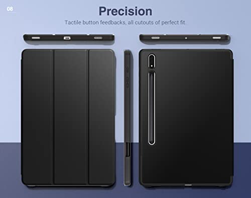 MoKo Case Fits Samsung Galaxy Tab S8 Plus 12.4 Inch 2022 (SM-X800/SM-X806) /S7 FE 2021/S7 Plus 2020, Shockproof Full Body Trifold Stand TPU Back Cover Case with Pen Holder Slot/Auto-Wake, Black