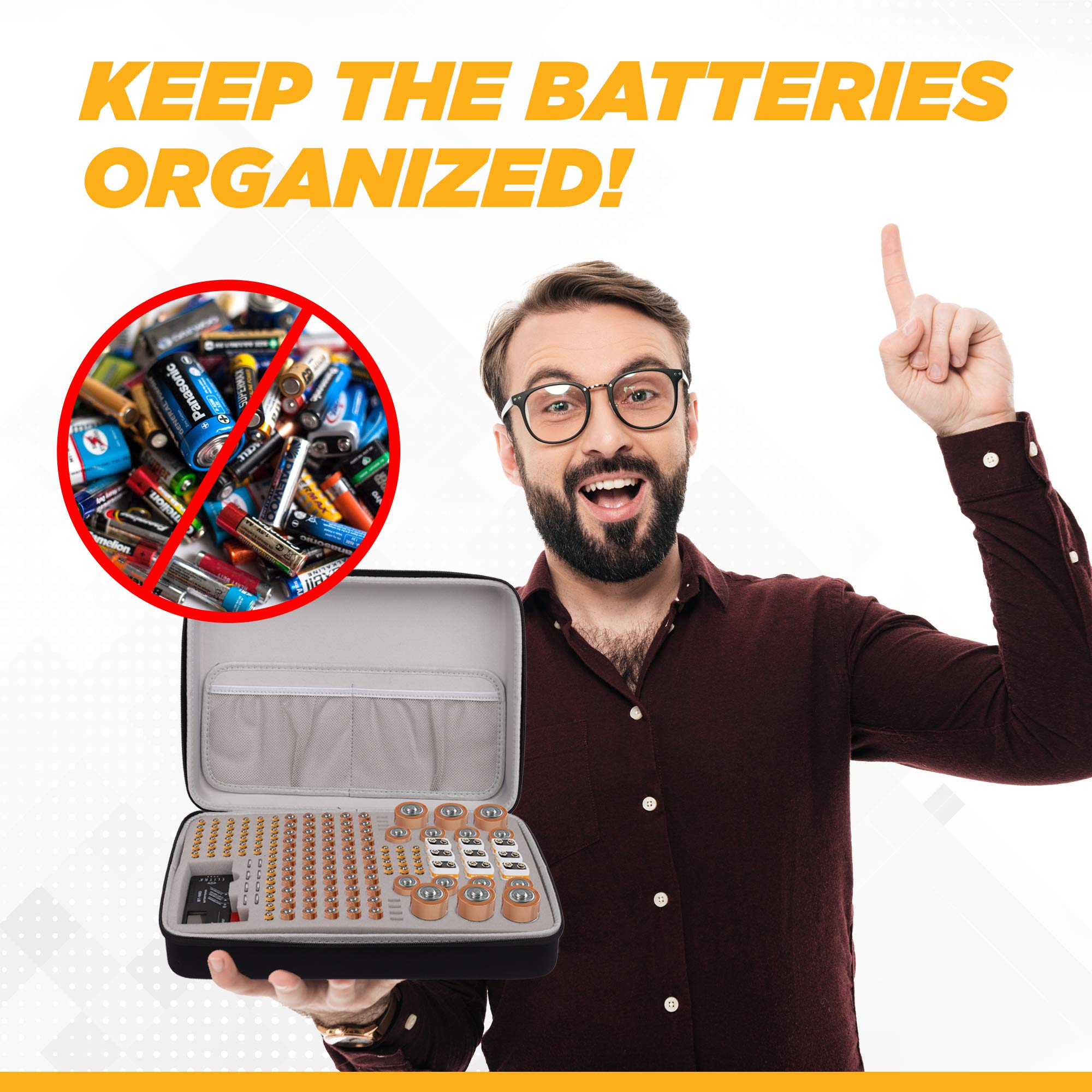 ELITRA HOME Battery Storage Organizer Carrying Case Bag, Holds 150 Batteries AA AAA C D 9V Button, Includes LCD Battery Tester Black