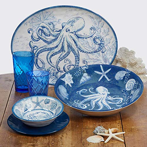 Octopus Nautical Oval Serving Platter Oceanic 18 x 13.5 Melamine Blue White