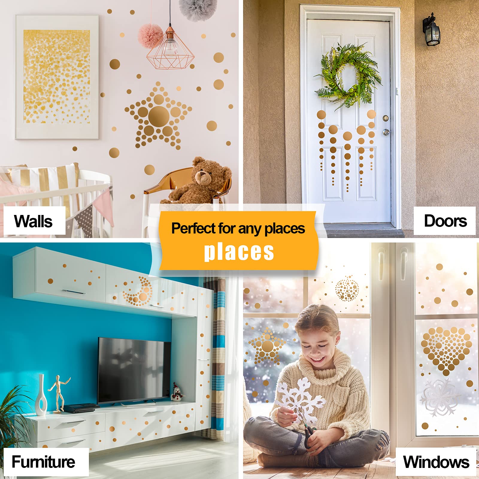 264 Pieces Polka Dot Wall Decals Dot Wall Stickers for Girls Bedroom Living Room Nursery Kids Bedroom Classroom Decor (Gold)