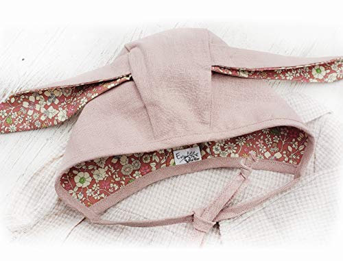 Baby Bunny Hat Bonnet Country Vintage Cotton Linen w/Velvet Rabbit Ears Easter Bonnet Hat (Pink Floral, nb)