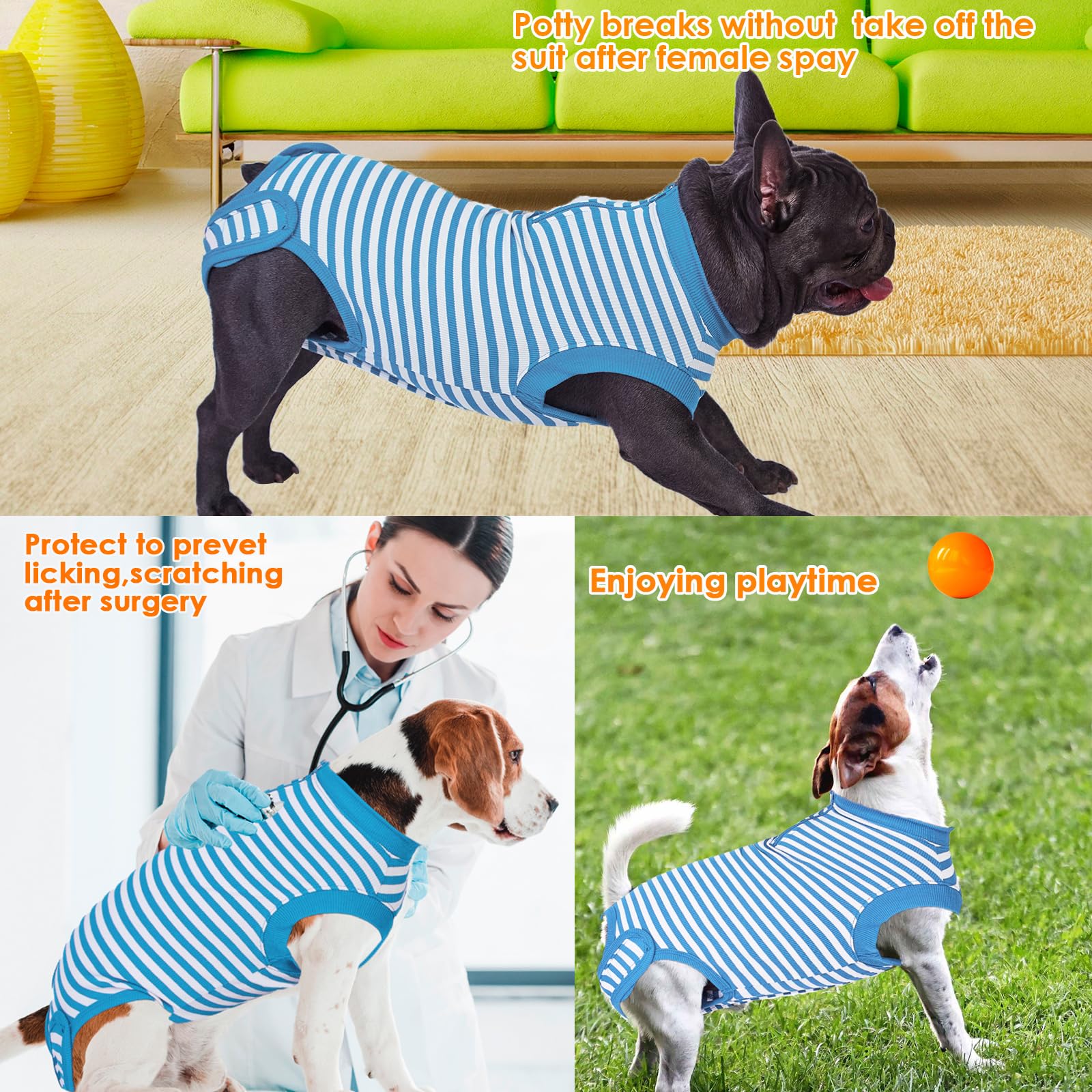 Wabdhally Dog Surgery Recovery Suit,Surgical Suit for Large Female Spay,Soft Combed Cotton,Blue Striped Zipper Onesie XXL