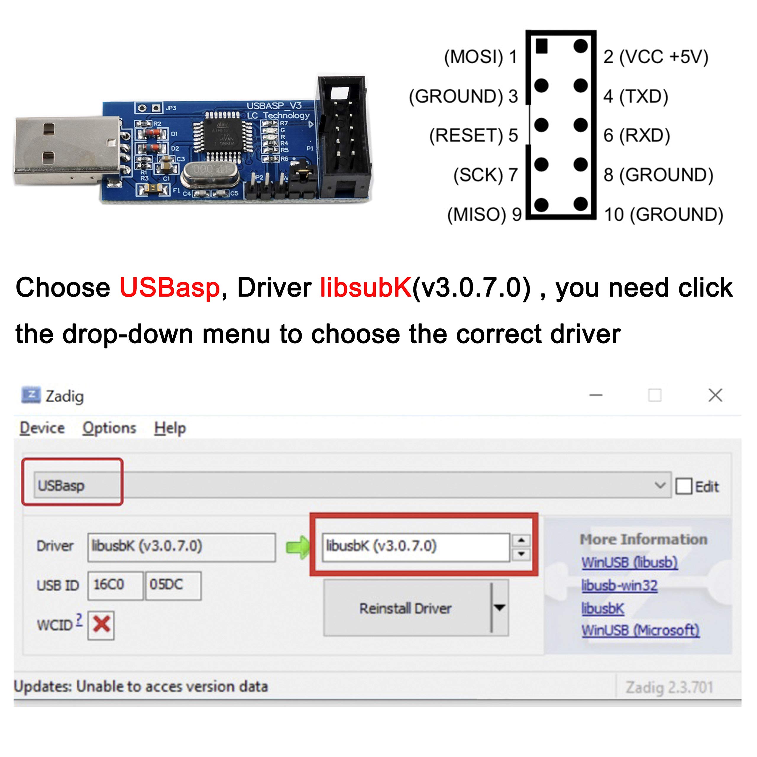 DIYmall USBASP Programmer 10 Pin AVR Downloader Flash Tool USB ISP Burn Bootloader 51 AVR ATMEGAA8 with USBASP 10 PIN to 6 PIN Adapter for Arduino Ender 3 Pro 5V/3.3V