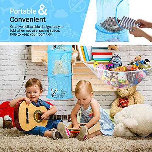 2 Pcs Hanging Mesh Storage Basket with 1 Stuffed Animals Toy Net Hammock, Hommtina Foldable Corner Organizer 3 Tier, Neatly Organize Kid’s Plush Toys and Save Space (Blue+Purple)