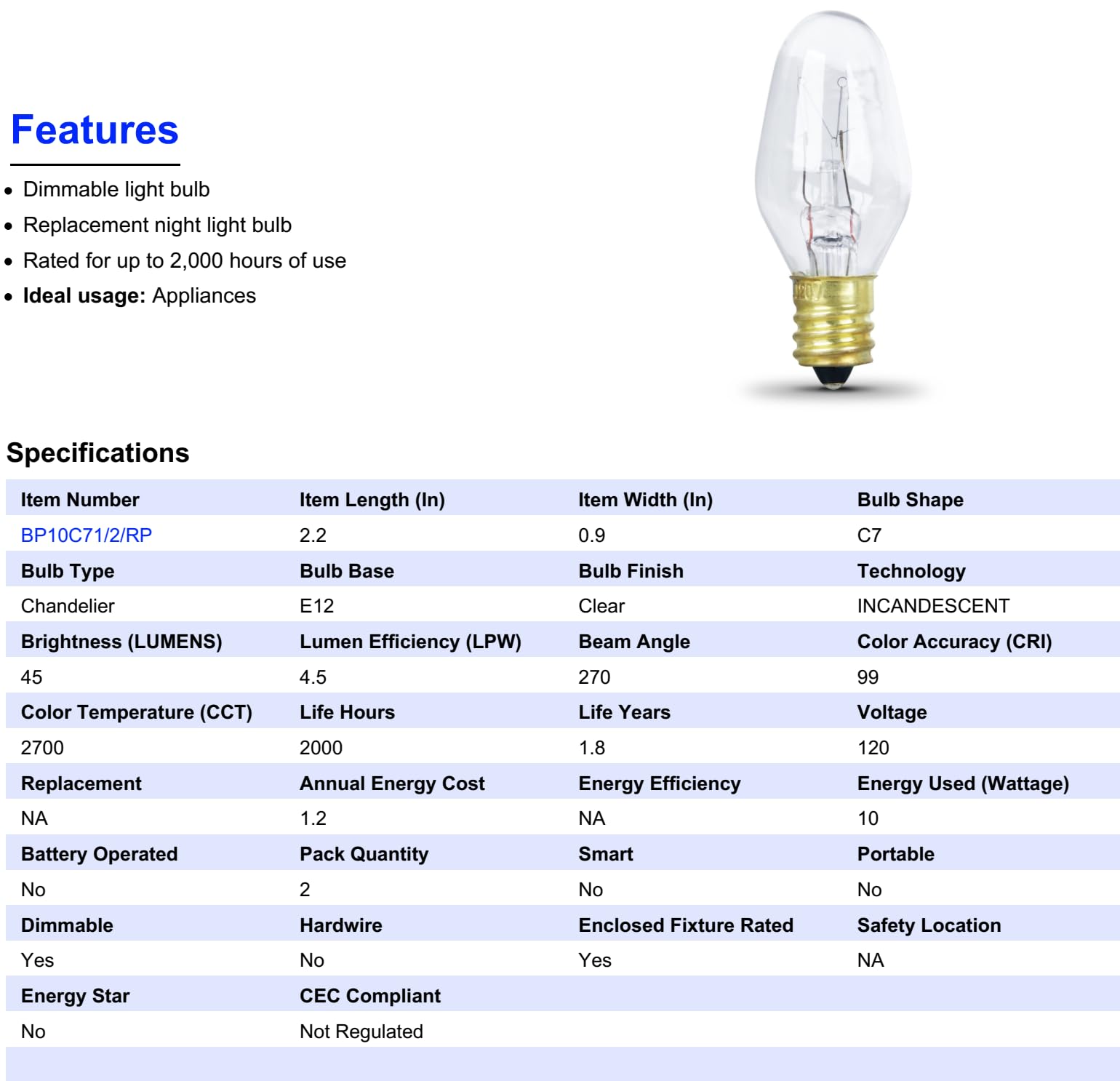 10-Watt C7 Appliance Incandescent Light Bulb (2-Pack)-Feit Electric-BP10C71/2/RP
