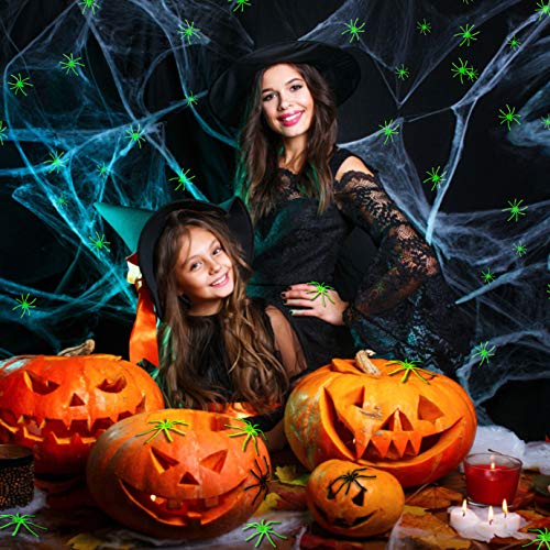 WXJ13 Halloween Decorations Spider Webs with 200 Glow Spiders Spooky Spider Webbing with 2 Black Fake Spiders for Halloween Party Decorations