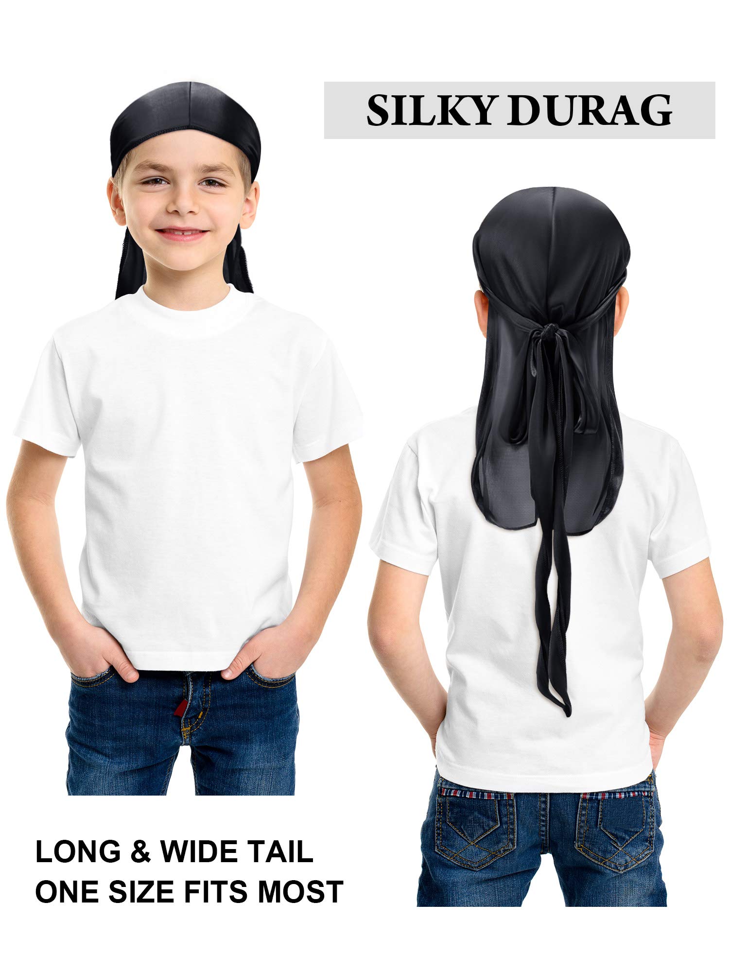 2 Pieces Silky Satin Baby Durags Kids Satin Durag Caps Headwraps with Long Tail and Wide Straps for 360 Waves (Black, Royal Blue)