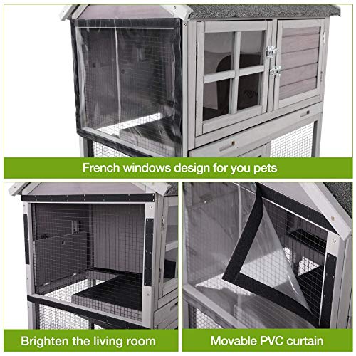 Rabbit Hutch Indoor Rabbit Cage for Small Animals Outdoor Bunny Cage with Movable Wire Netting, Guinea Pig Habitat On Wheels,Pull Out Leak Proof Tray (Grey+Camel)