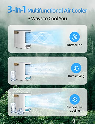 3-IN-1 Portable Air Cooler, USB Powered Desktop Cooling Fan, 3 Levels Spray Humidify & 3 Speeds Personal Air Conditioner Fan w/8 Night Light Modes, Evaporative Air Cooler for Small Room/Office/Camping
