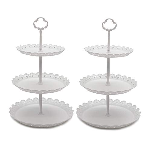 2 Pcs 3-Tier Cupcake Stand Fruit Plate Cakes for Wedding Home Birthday Tea Party Serving Platter(White)