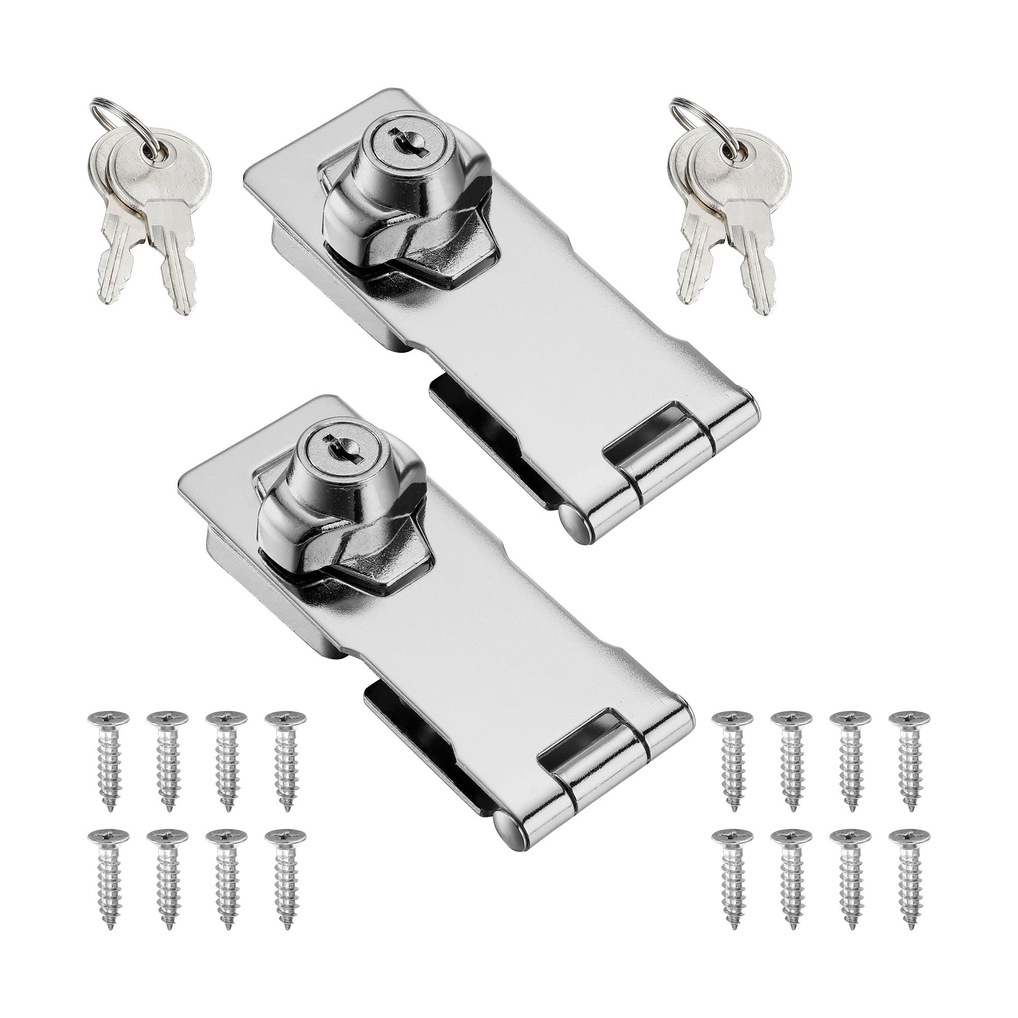 2 Pack 4 Inch Keyed Hasp Locks Twist Knob Keyed Different Locking Hasp for Small Doors, Stainless Steel Chrome Plated Hasp Lock Catch Latch