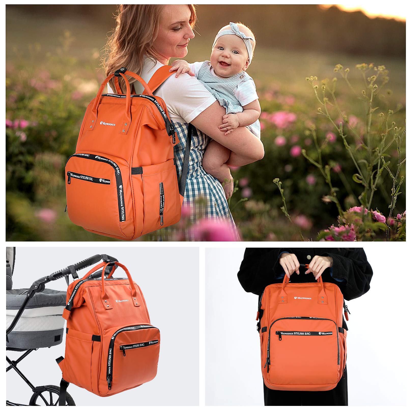 Baby Diaper Bag Backpack, Multi-Function Waterproof Travel Back pack Nappy Bags for Women Baby include Insulated Pocket, Changing Pad, Stroller Straps and Elastic Luggage Strap for Travel Orange