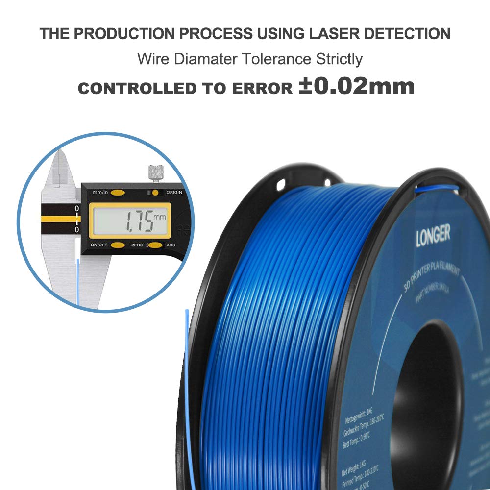 LONGER PLA 3D Printer Filament 1.75mm, Dimensional Accuracy +/- 0.02 mm, No Tangle, Environmental Friendly, Widely Compatibility (Grey, 1KG)