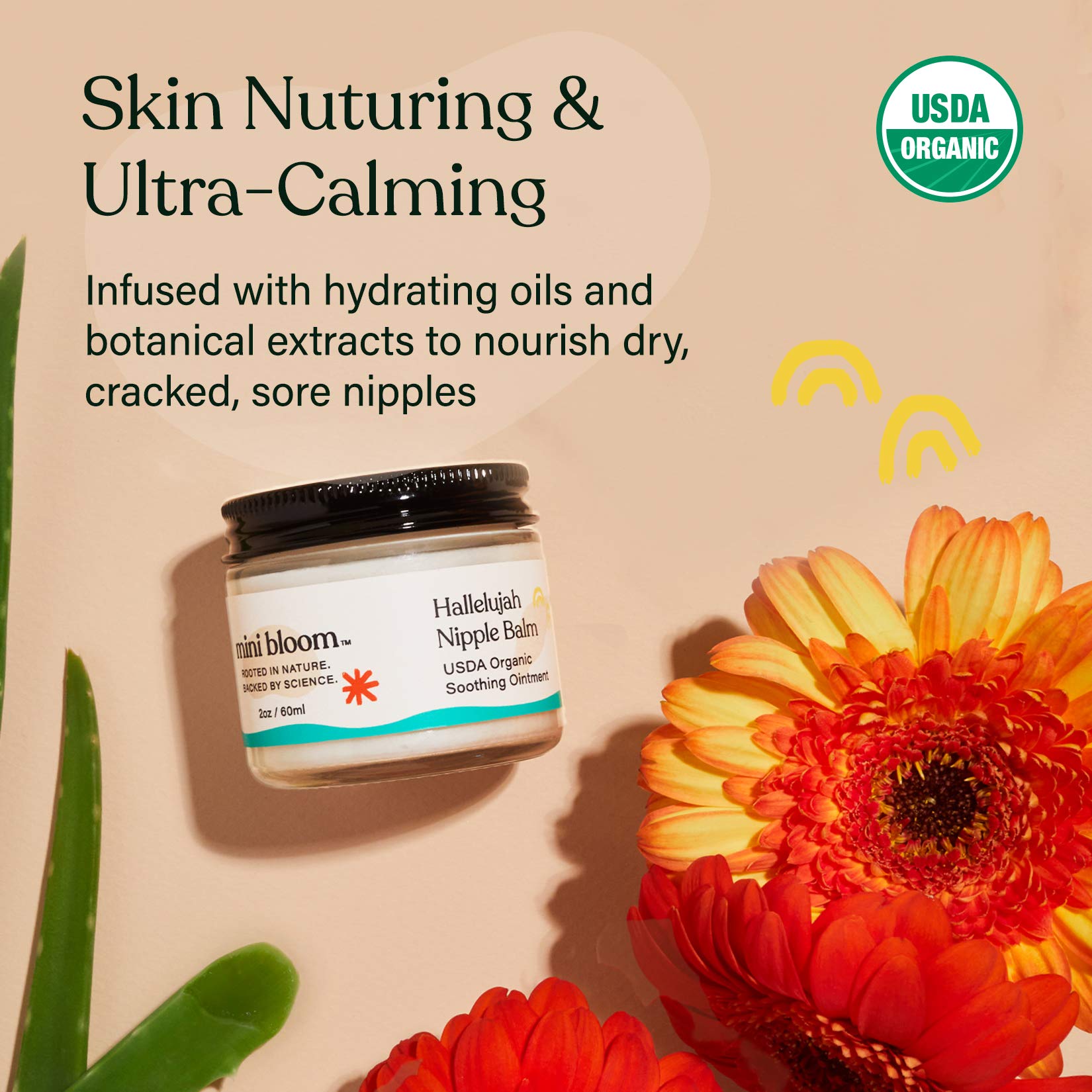 Mini Bloom Hallelujah Nipple Balm | USDA ORGANIC Soothing Ointment | Restores Dry, Cracked, Sensitive Nipples | Lanolin-Free, Made w/ Aloe, Calendula, Olive & Sunflower Seed Oils | 2 oz