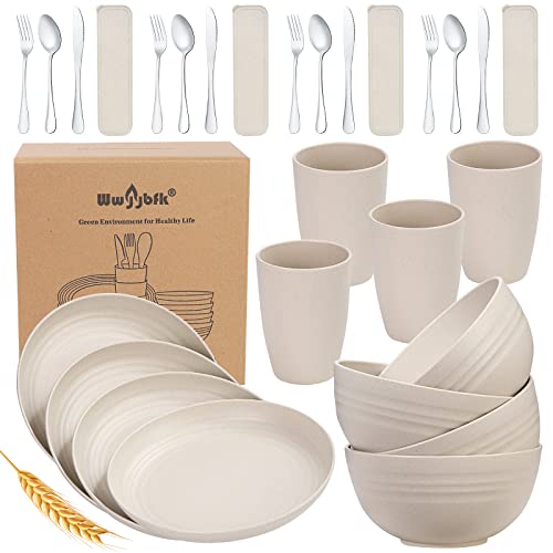 28PCS Kitchen Wheat Streaw Dinnerware Sets, Wheat Straw Plates and Bowls Sets, College Dorm Dinnerware Dishes Set for 4 with Cutlery Set (Beige)