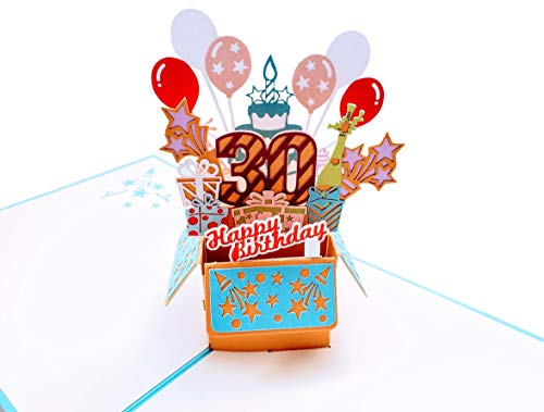 iGifts And Cards Happy 30th Blue Birthday Party Box 3D Pop Up Greeting Card - Thirty, Awesome, Cute, Congrats, Unique, Gift, Presents, Celebration, Feliz CumpleaƱos, Balloons